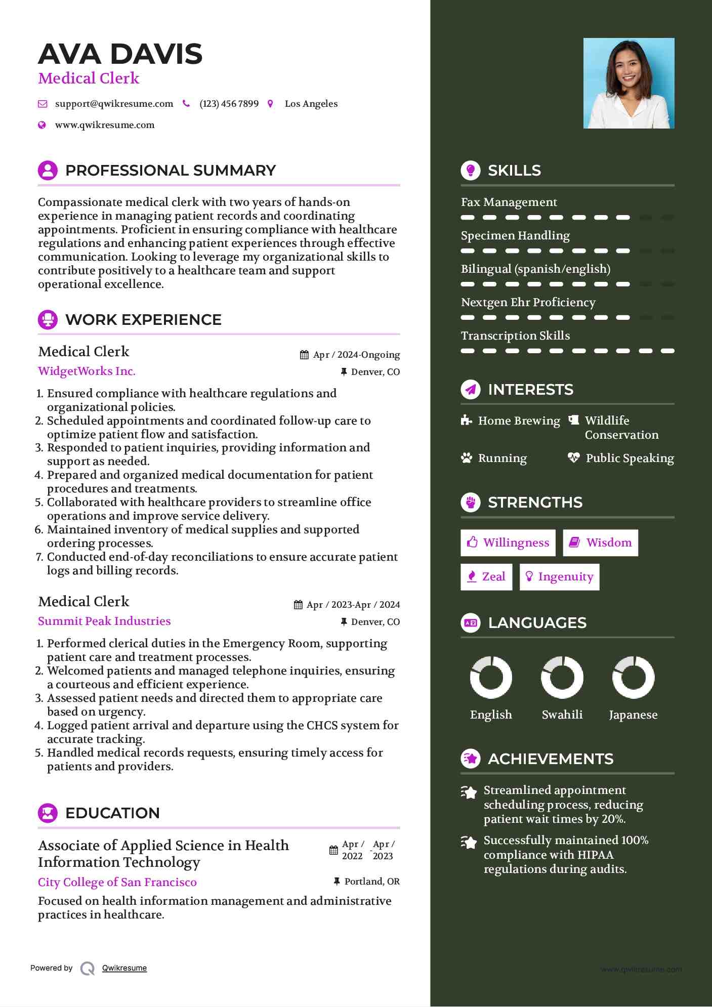 Medical Clerk Resume Samples QwikResume