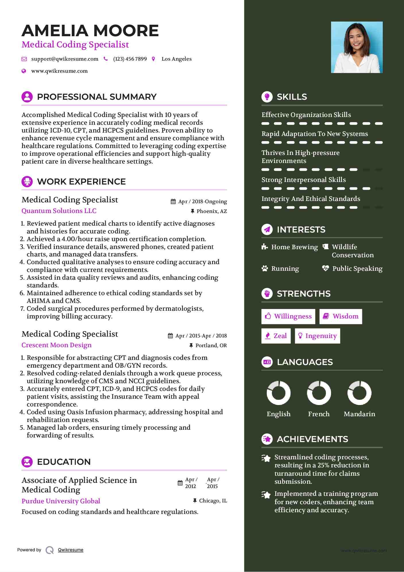 Medical Coding Specialist Resume Samples QwikResume