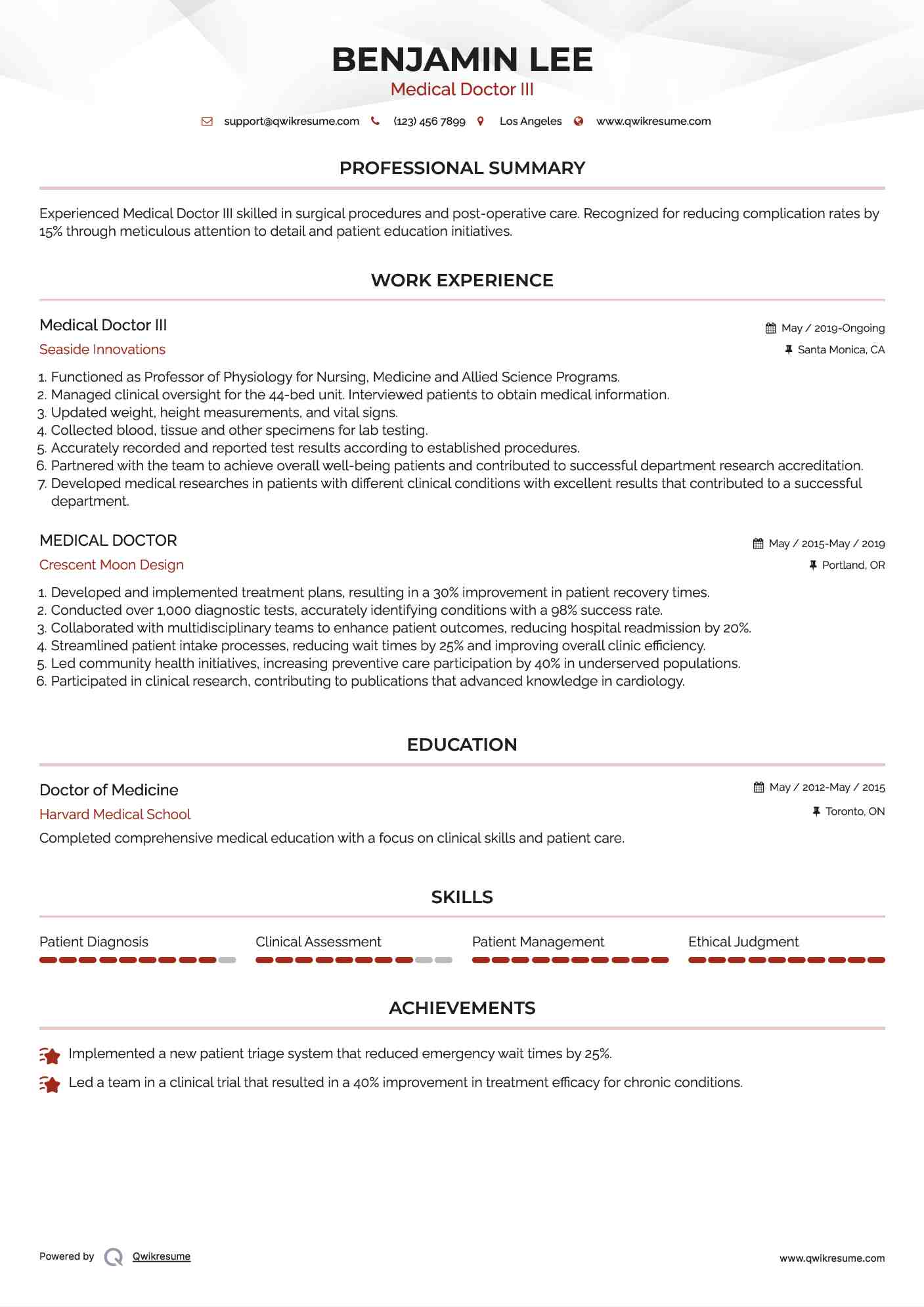 Medical Doctor Resume Example