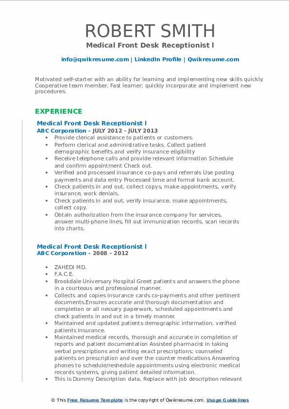 Medical Receptionist Resume Template Free