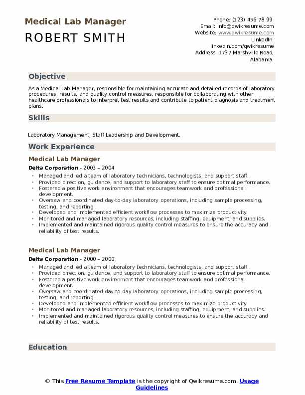 Medical Lab manager Resume Samples | QwikResume