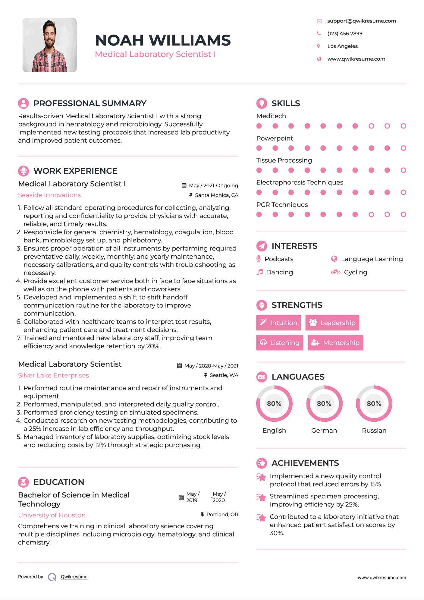 Medical Laboratory Scientist Resume Samples QwikResume
