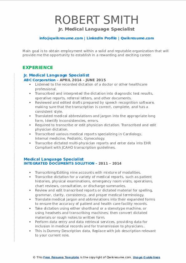 Medical Language Specialist Sample Resume