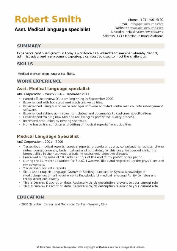 Medical Language Specialist Sample Resume