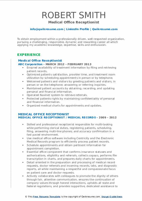 Medical Office Receptionist Resume Samples | Qwikresume