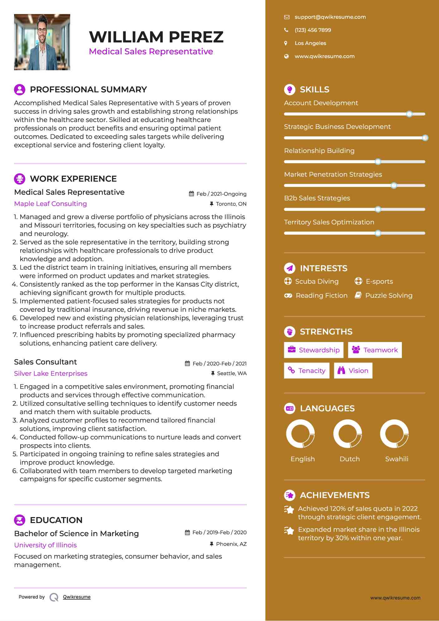 Medical Sales Representative Resume Samples QwikResume