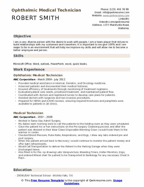 Medical Technician Resume Samples | QwikResume