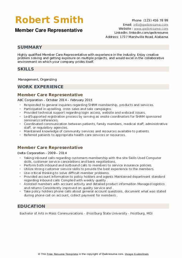 Member Care Representative Resume Samples QwikResume