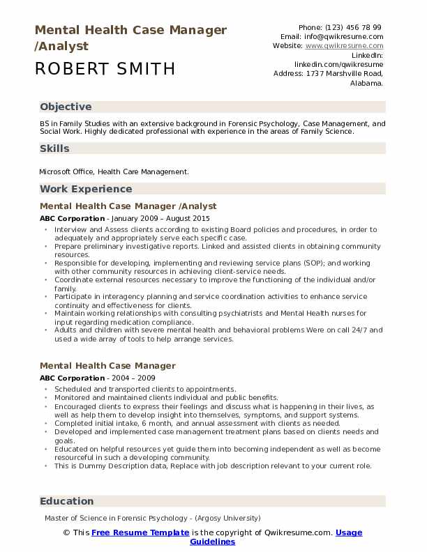 Mental Health Case Manager Resume Samples | QwikResume