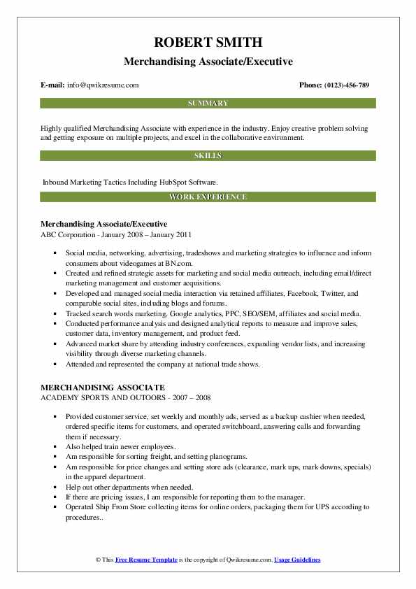 Merchandise Associate Sample Resume