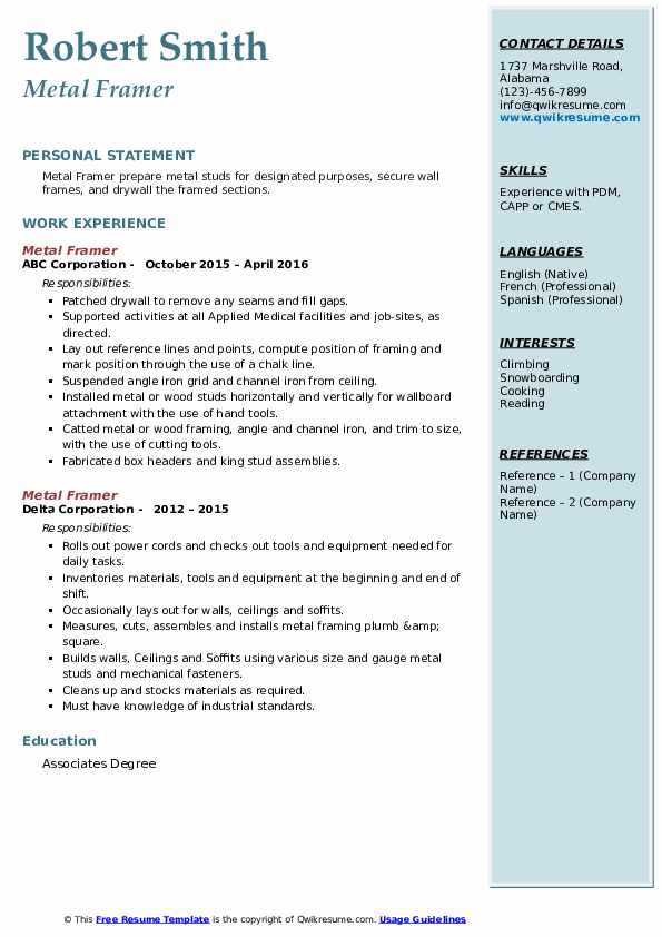 Metal Framer Resume Samples | QwikResume