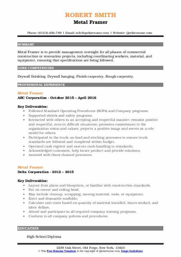 Metal Framer Resume Samples | QwikResume