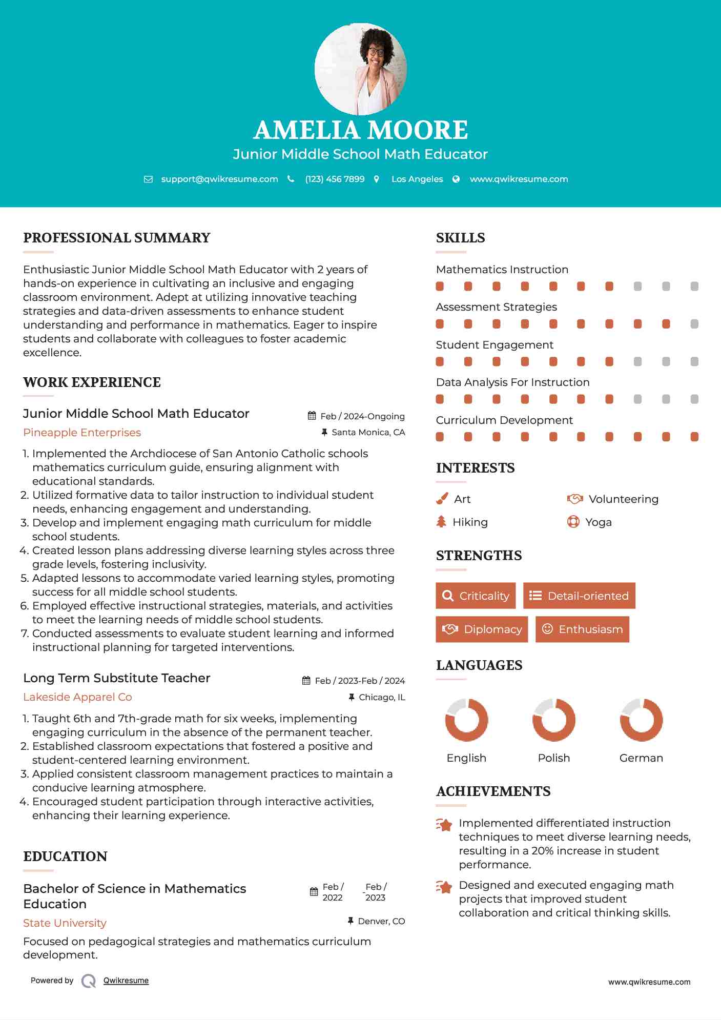 Middle School Math Teacher Resume Samples QwikResume