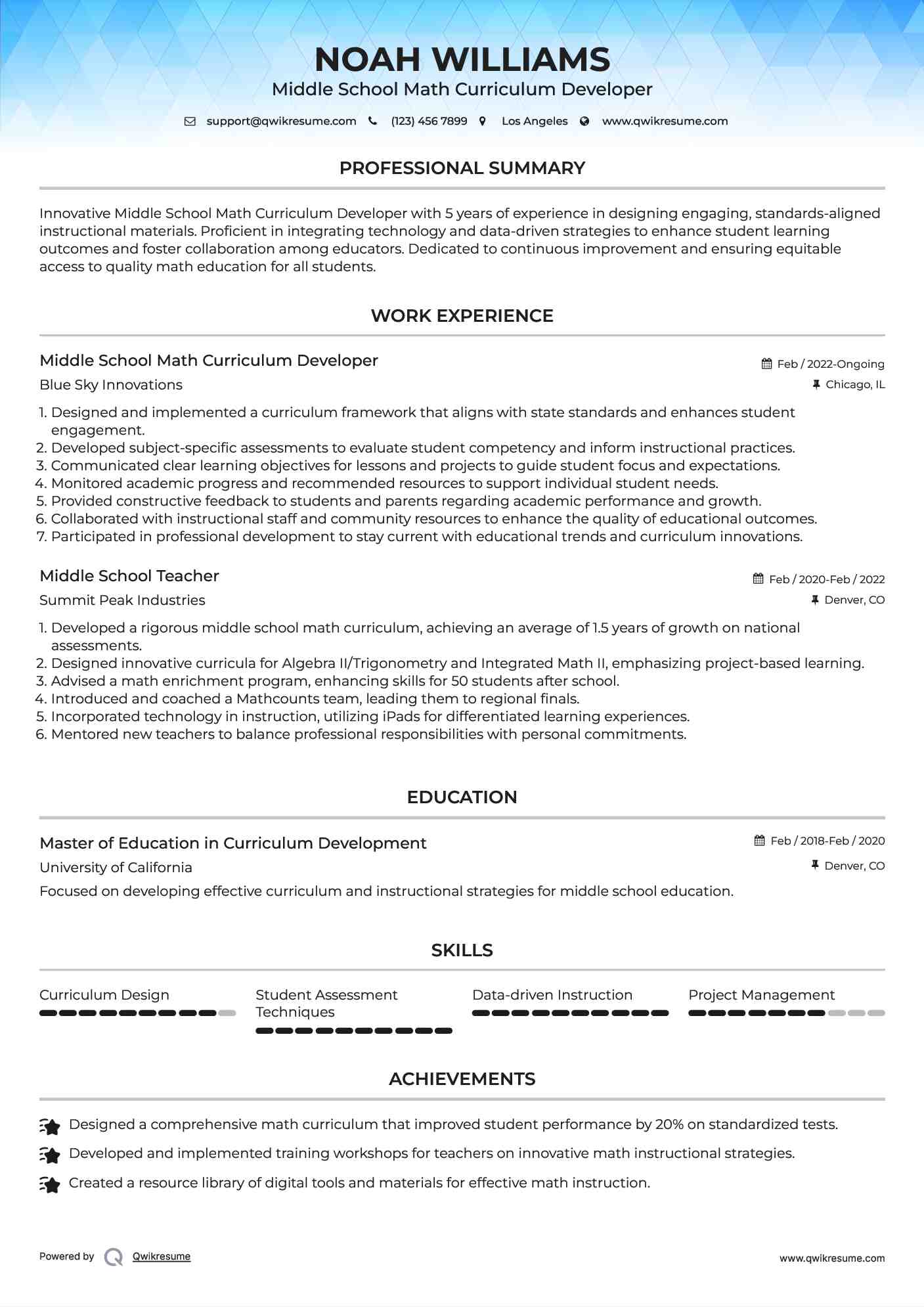 Middle School Math Teacher Resume Samples QwikResume