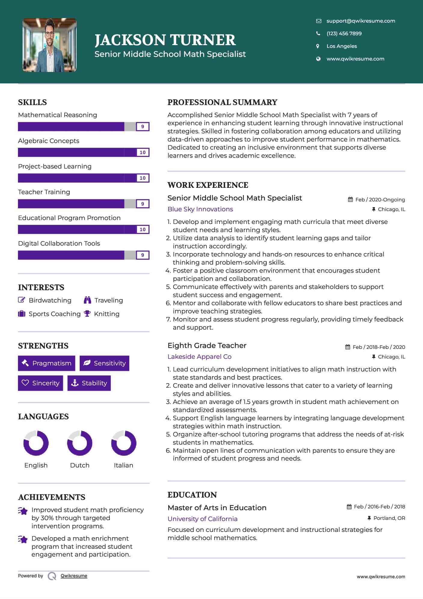 Middle School Math Teacher Resume Samples QwikResume
