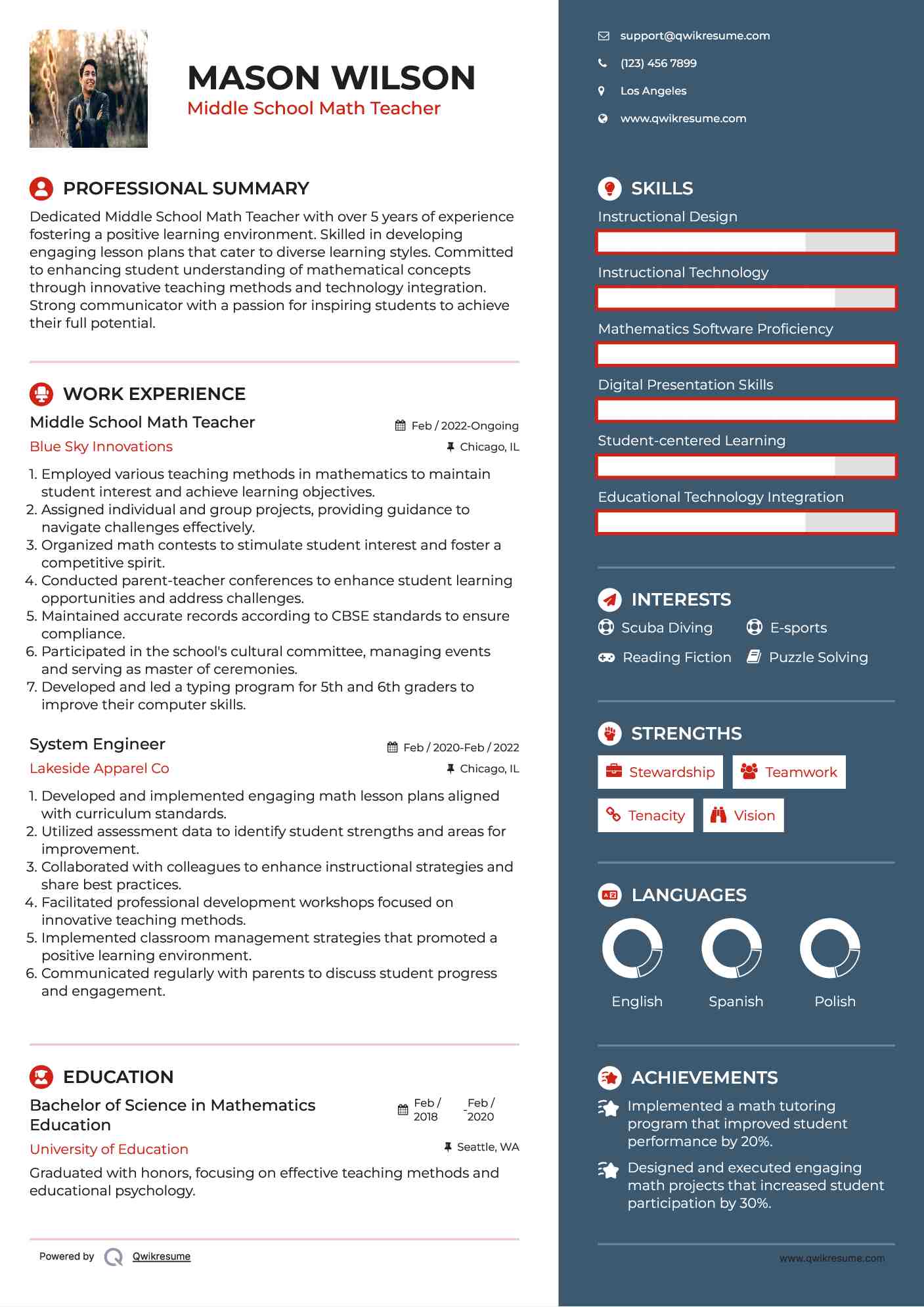 Middle School Math Teacher Resume Samples QwikResume