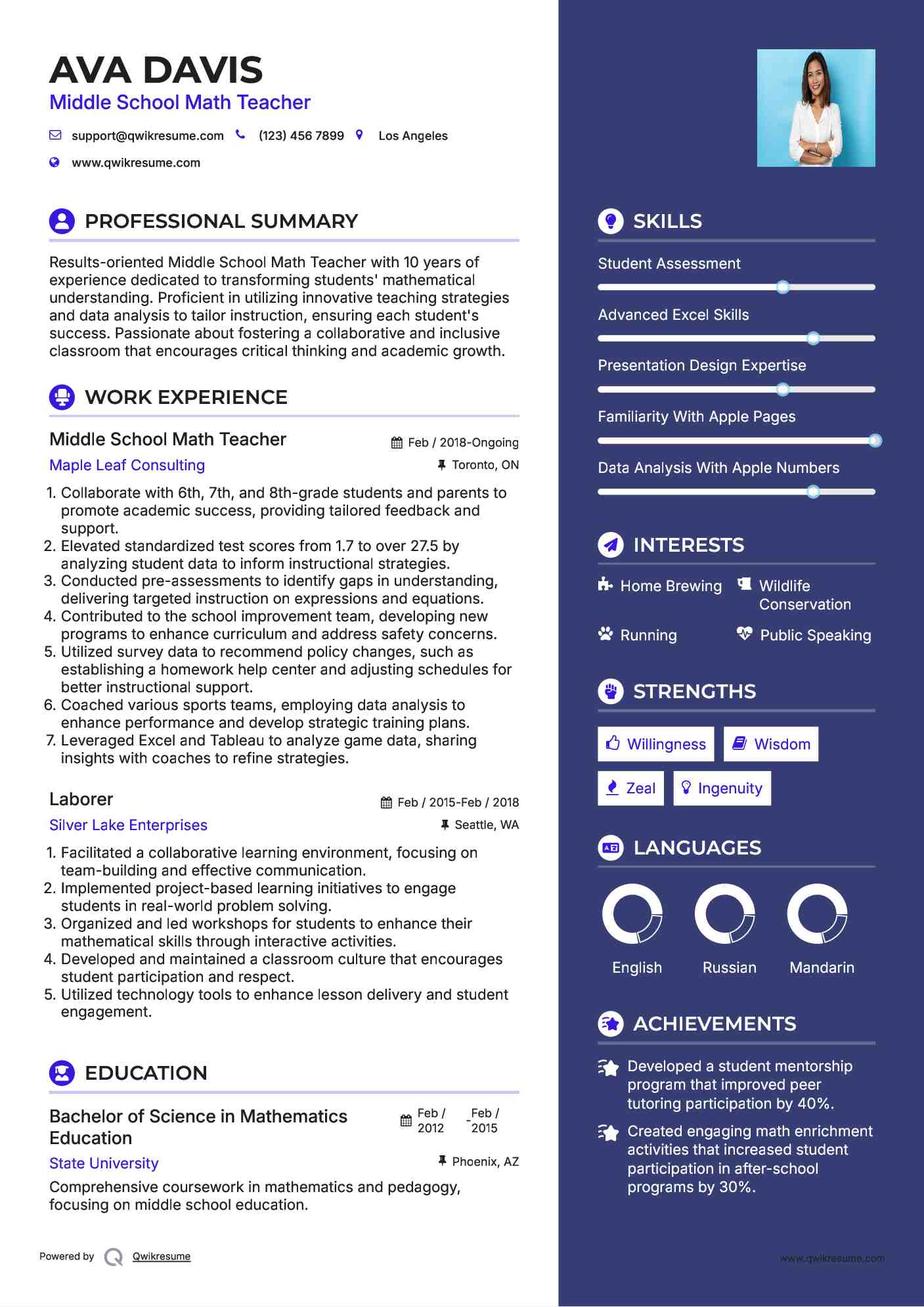 Middle School Math Teacher Resume Samples QwikResume