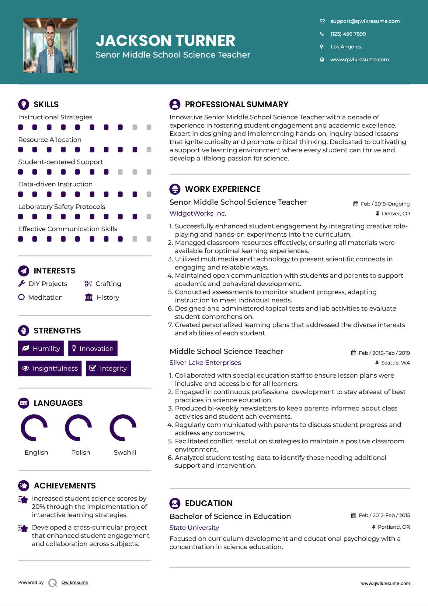 Middle School Science Teacher Resume Samples QwikResume