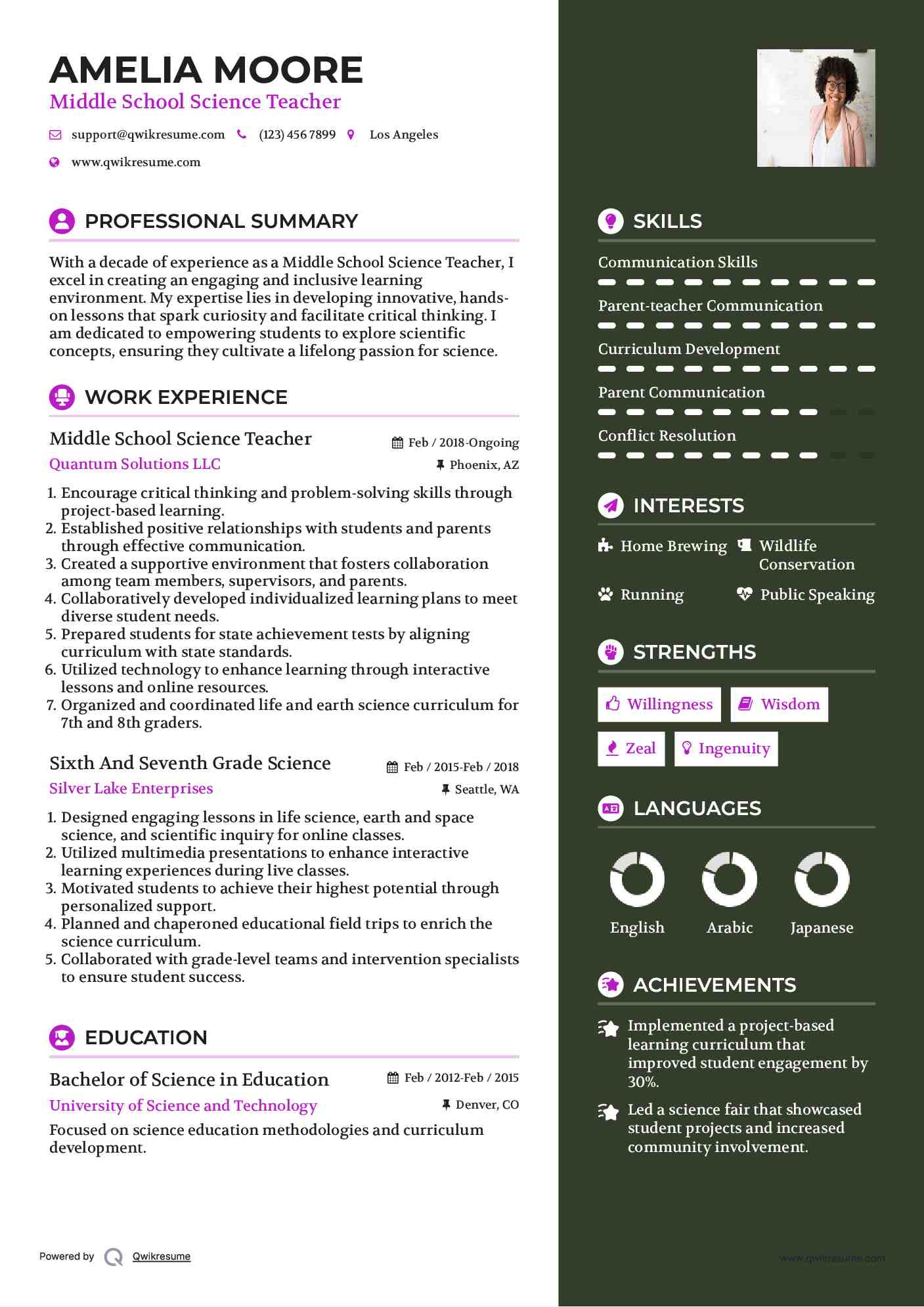 Middle School Science Teacher Resume Samples QwikResume