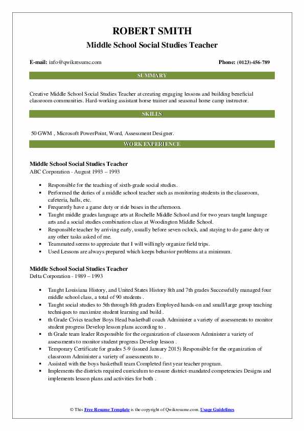 Middle School Social Studies Teacher Resume Samples QwikResume