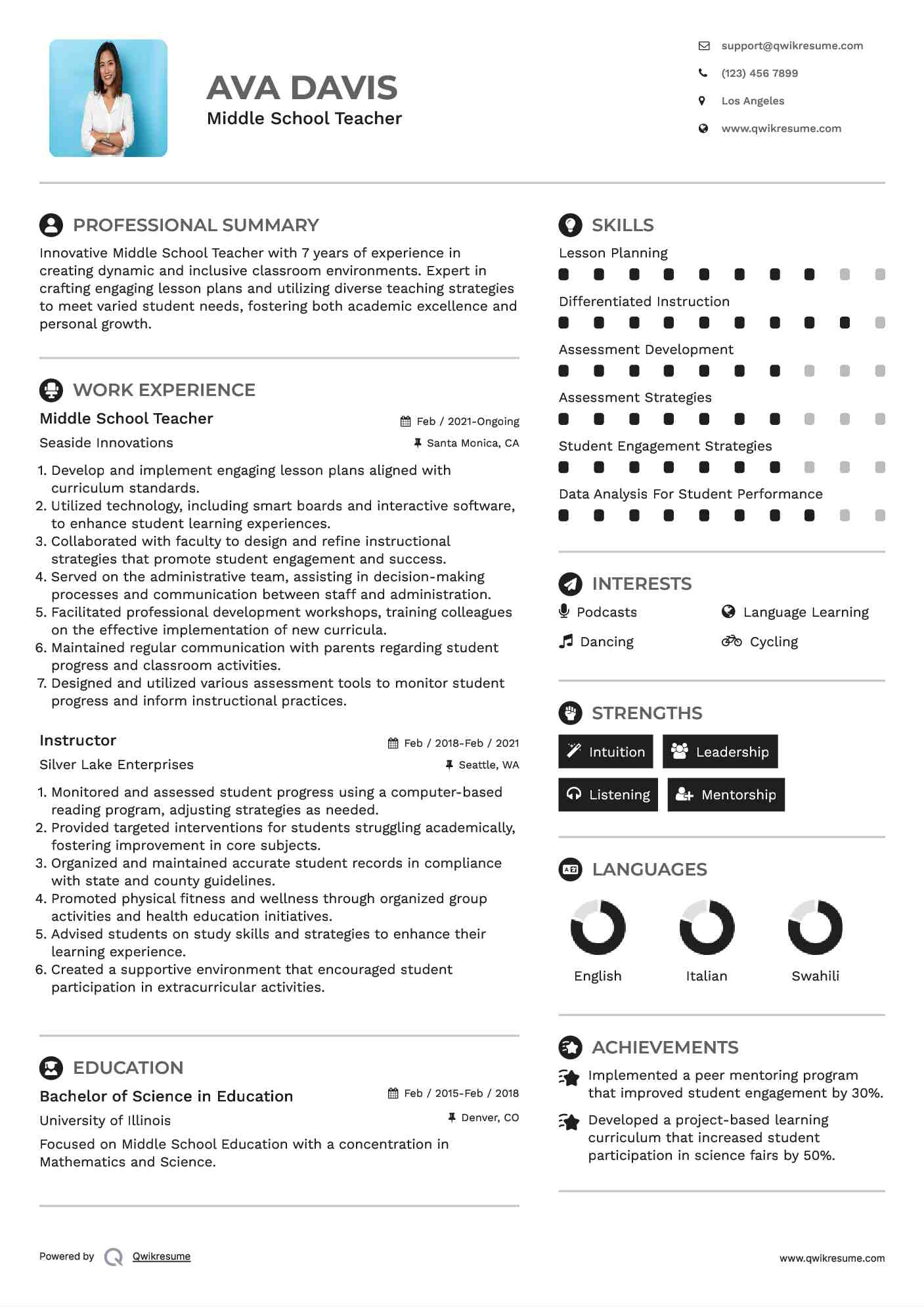 Middle School Teacher Resume Samples QwikResume