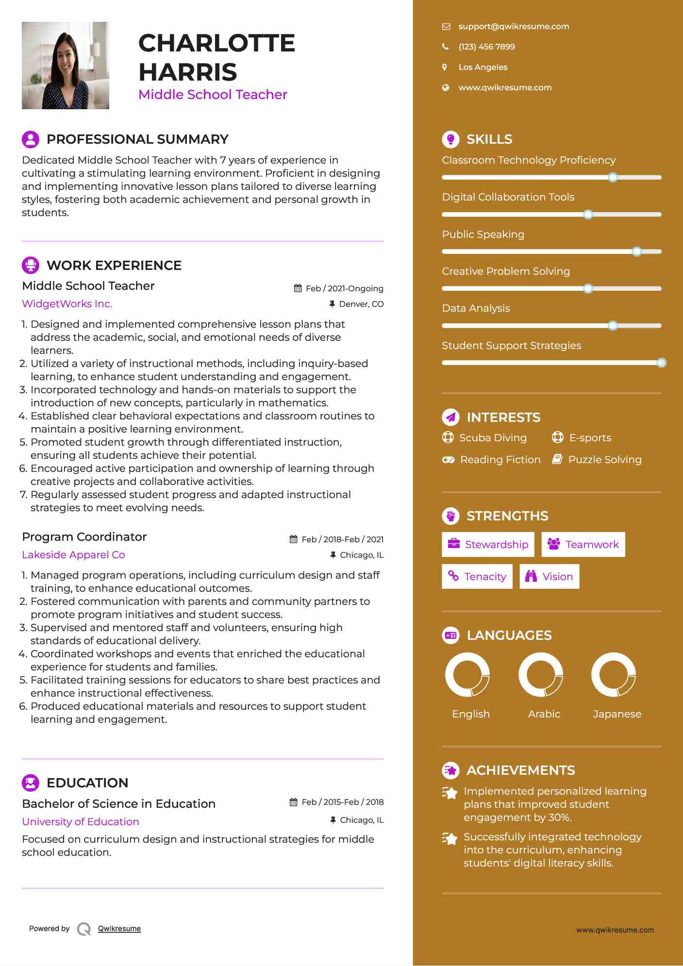 Middle School Teacher Resume Samples QwikResume