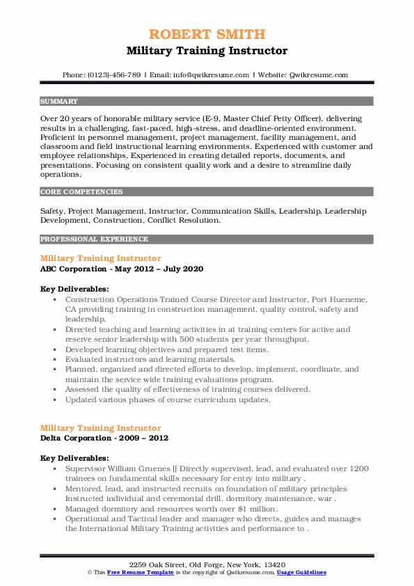 Military Training Instructor Resume Samples | QwikResume