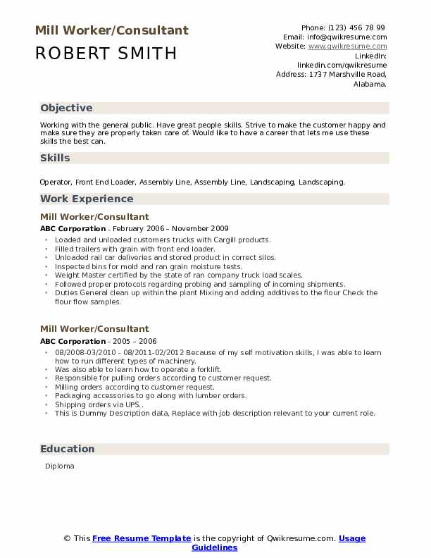 Mill Worker Resume Samples | QwikResume