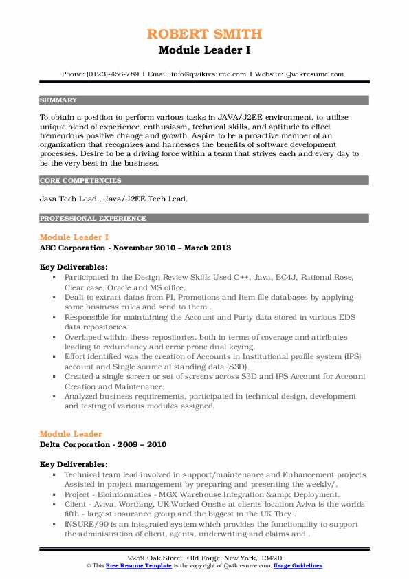 Module Leader Resume Samples | QwikResume