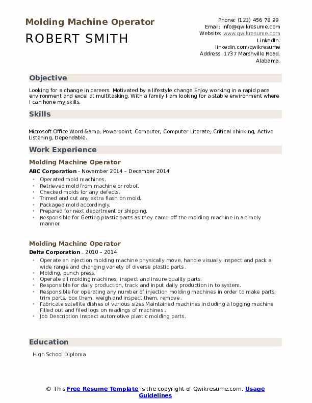 Molding Machine Operator Resume Samples | QwikResume