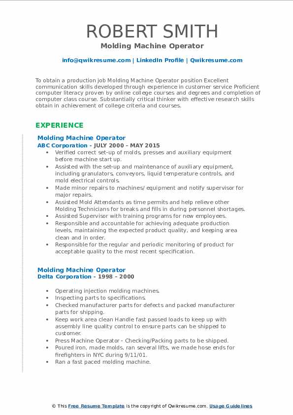 Molding Machine Operator Resume Samples | QwikResume