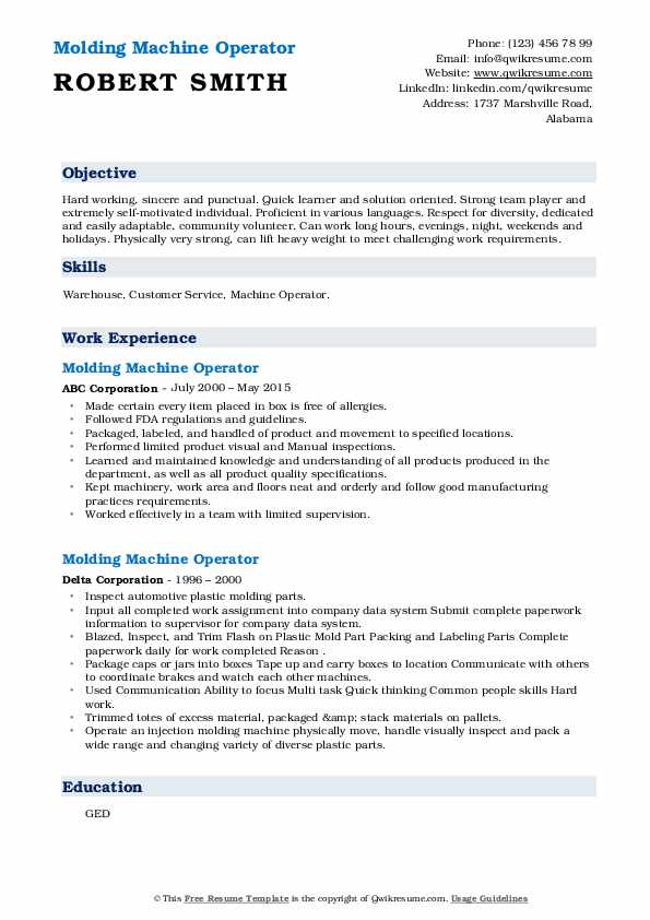 Molding Machine Operator Resume Samples | QwikResume