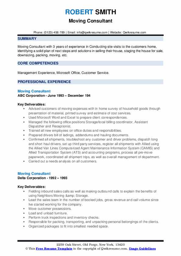 Moving Consultant Resume Samples | QwikResume