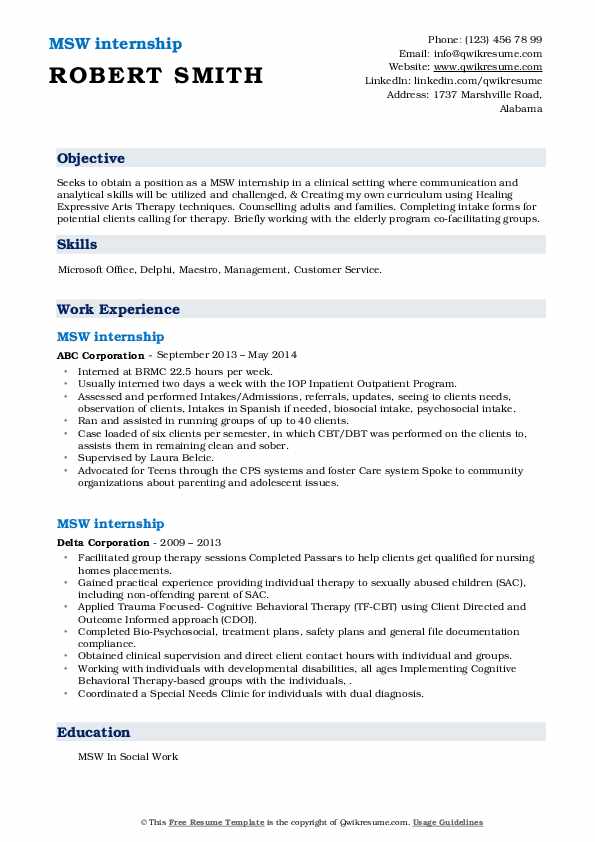 MSW internship Resume Samples | QwikResume