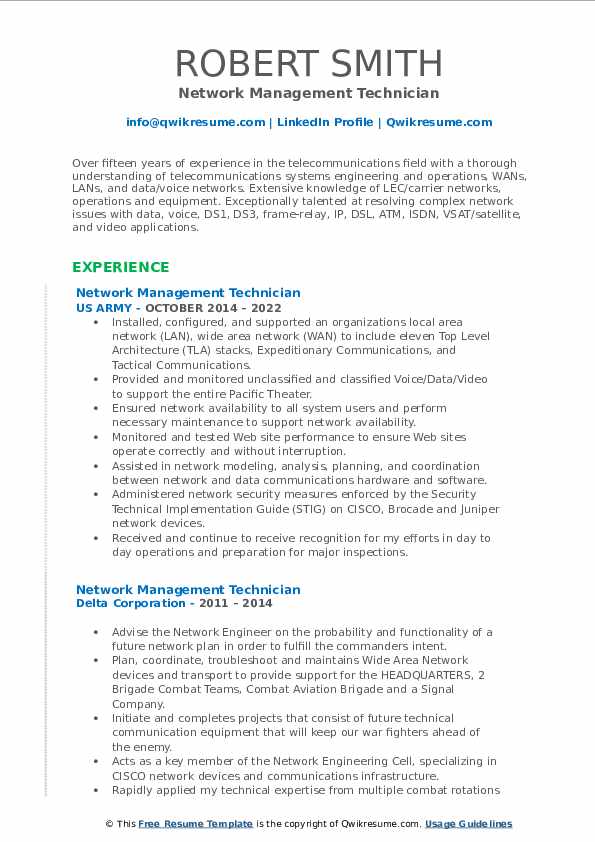 Network Management Technician Resume Samples | QwikResume