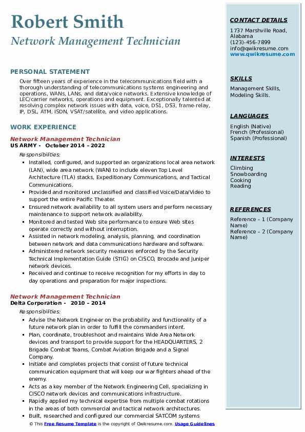 Network Management Technician Resume Samples | QwikResume