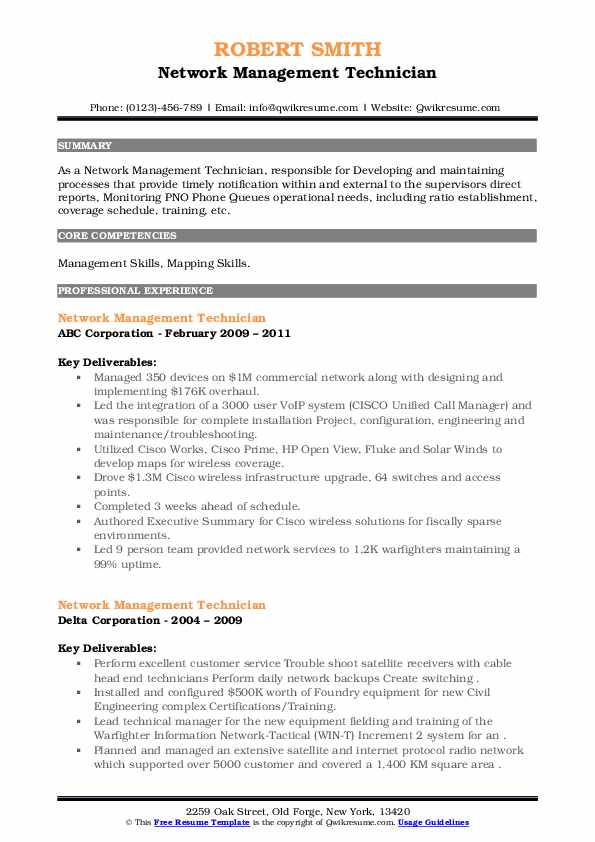 Network Management Technician Resume Samples | QwikResume