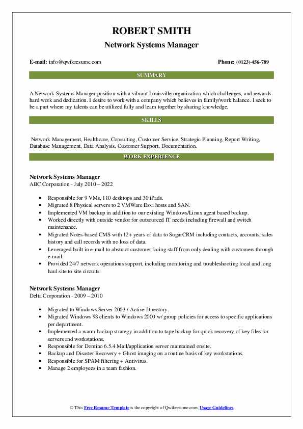 Network Systems Manager Resume Samples | QwikResume