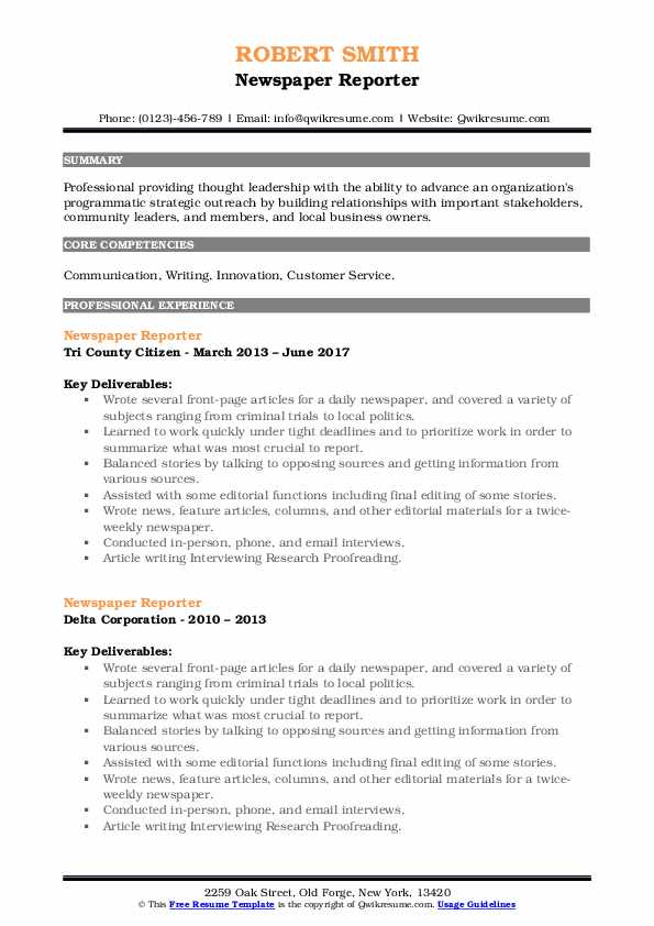 Newspaper Reporter Resume Samples | QwikResume