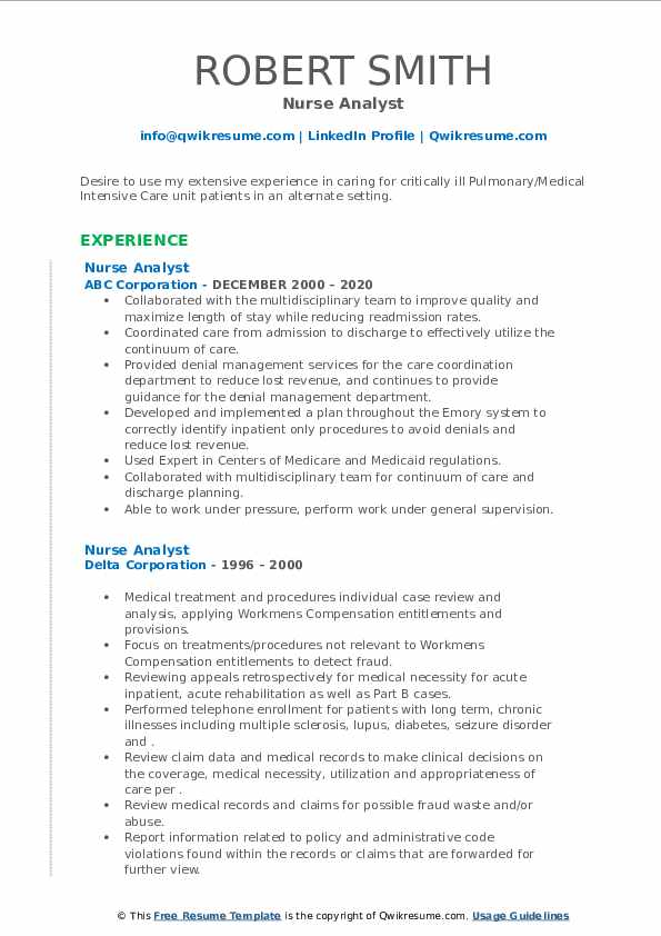 Nurse Analyst Resume Samples | QwikResume