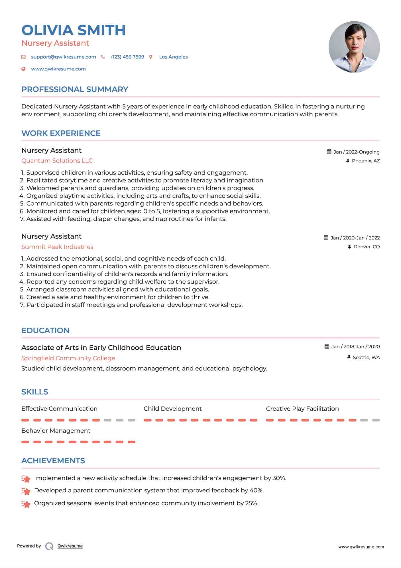 Nursery Assistant Resume Samples QwikResume