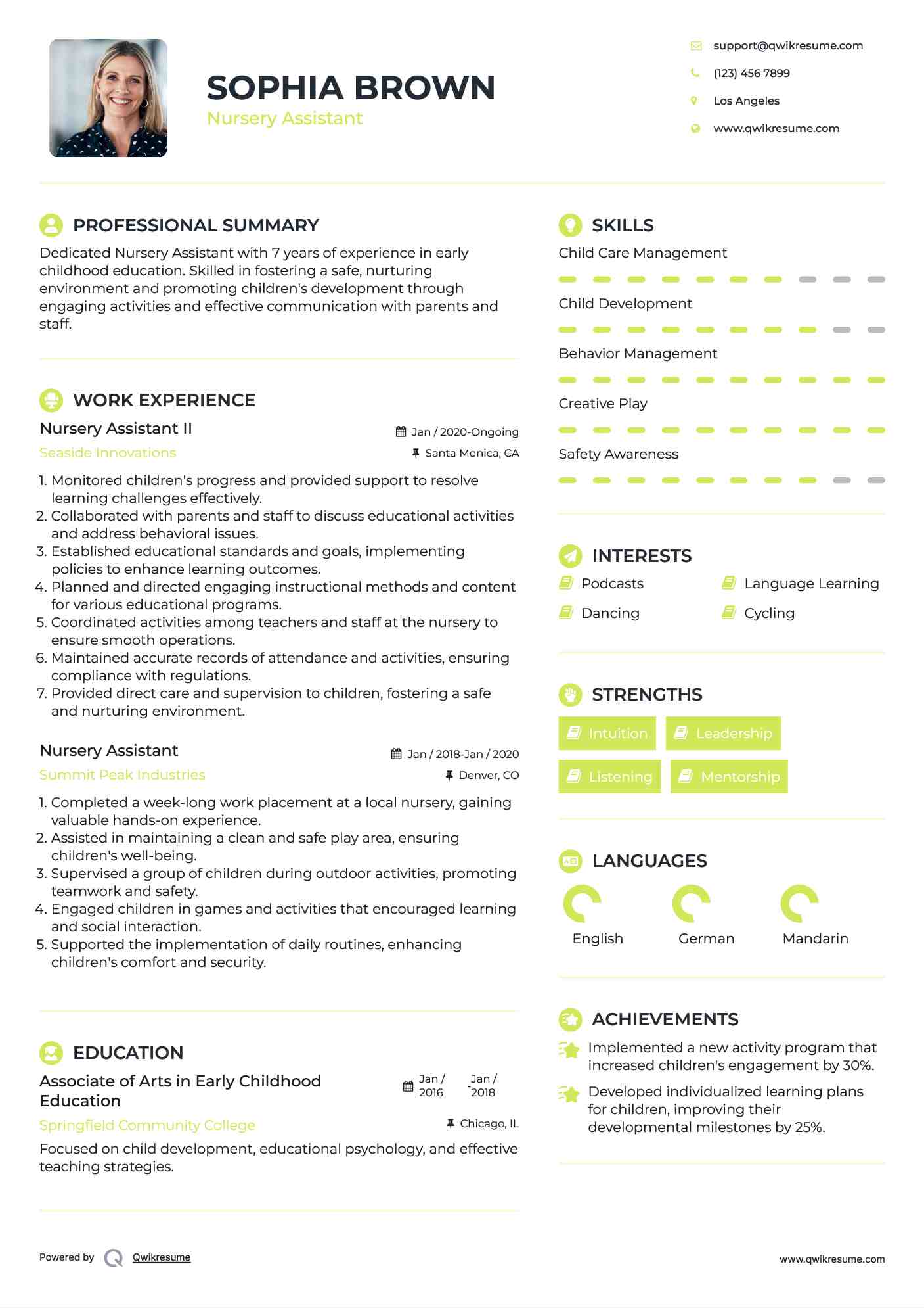 Nursery Assistant Resume Samples QwikResume