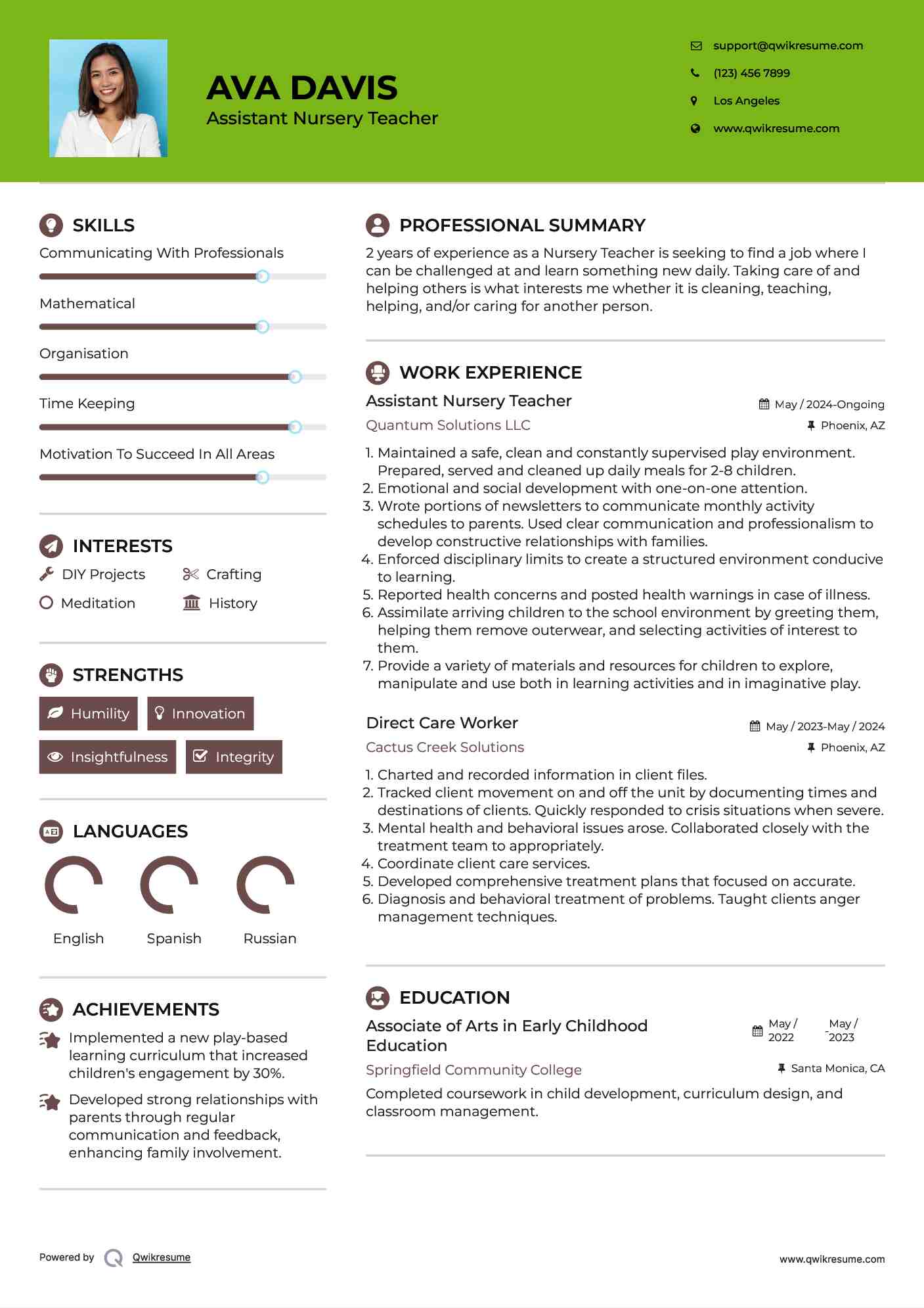 Nursery Teacher Resume Samples QwikResume