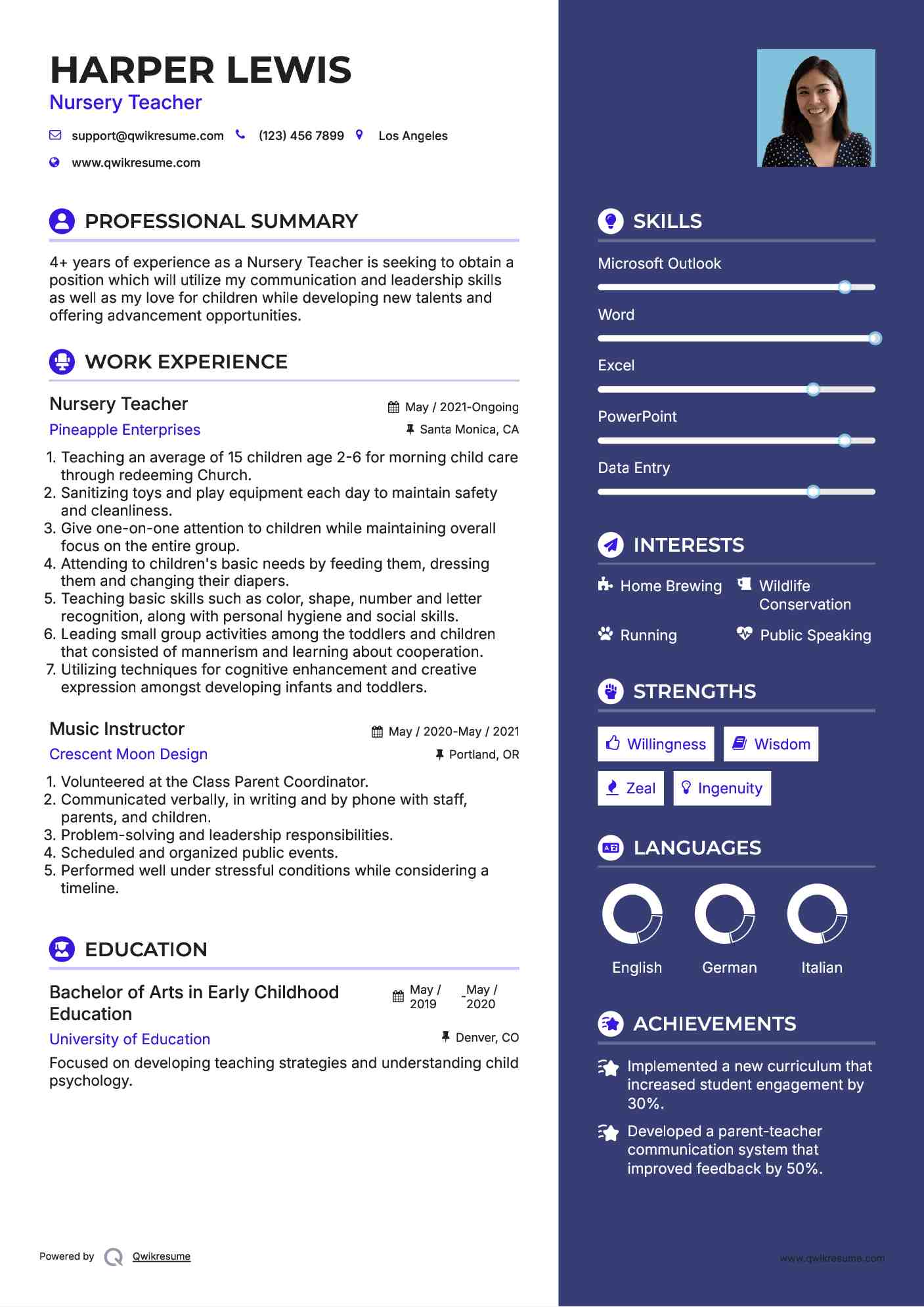 Nursery Teacher Resume Samples QwikResume
