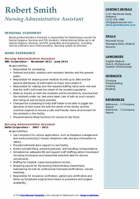 Nursing Administrative Assistant Resume Samples | QwikResume