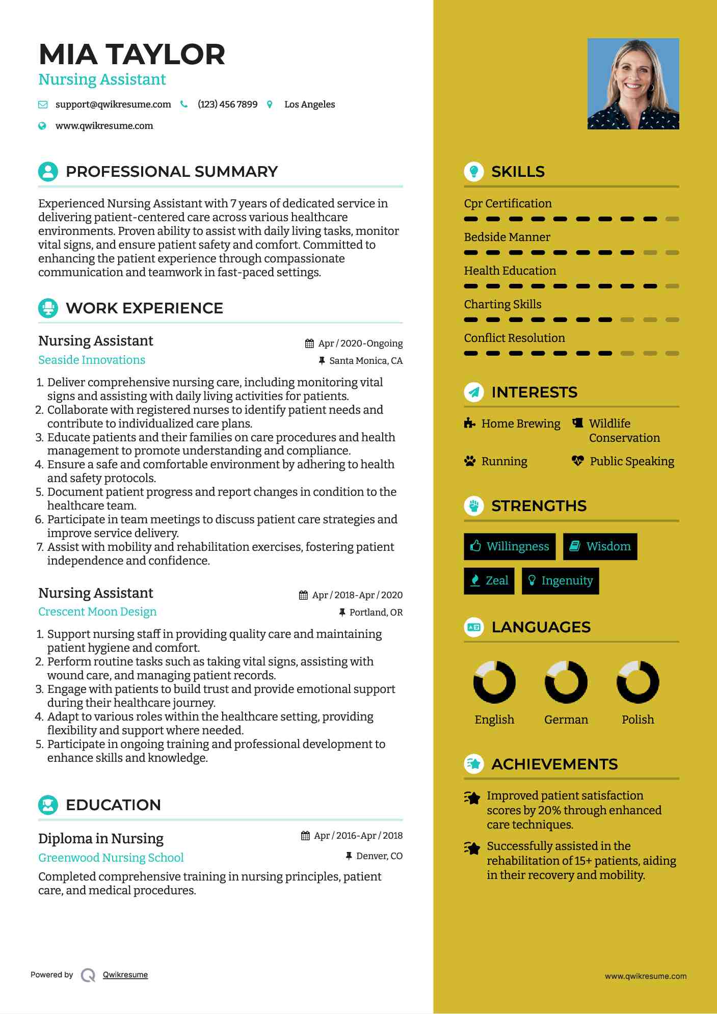 Nursing Assistant Resume Samples QwikResume