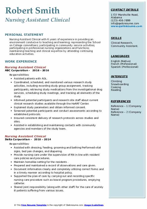 Nursing Assistant Clinical Resume Samples | QwikResume