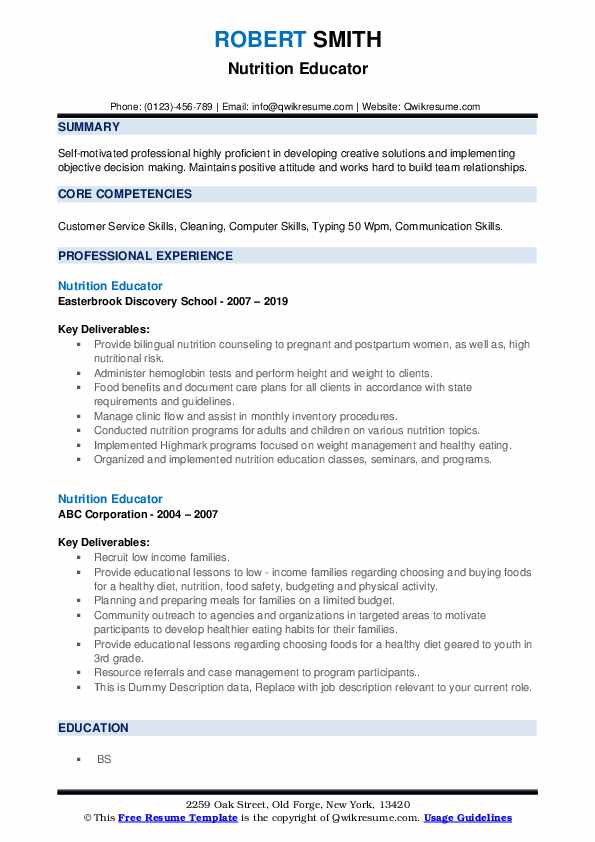 Nutrition Educator Resume Samples | QwikResume