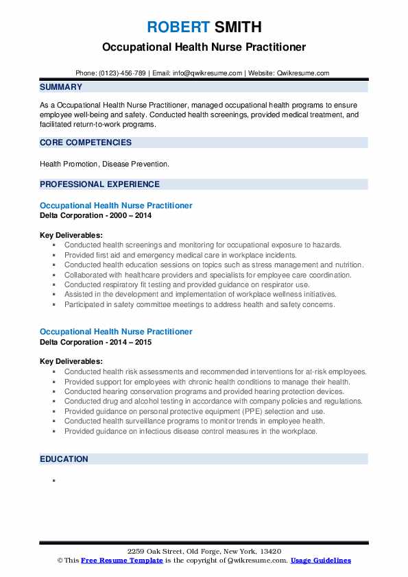 Occupational Health Nurse Practitioner Resume Samples | QwikResume