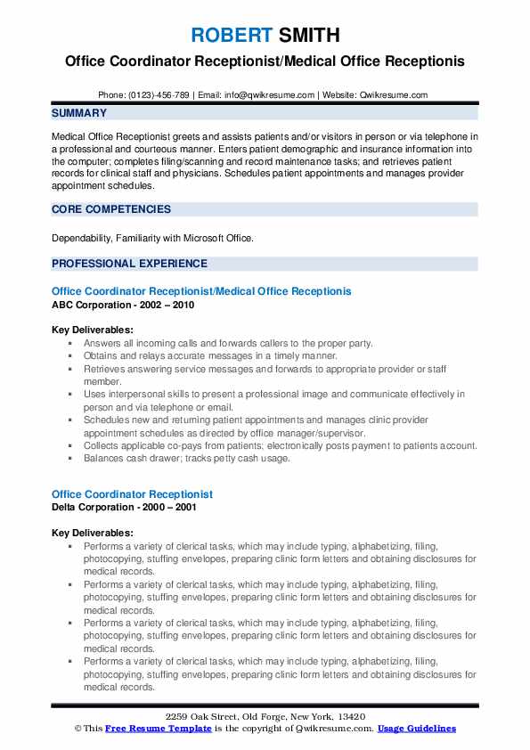 Office Coordinator Receptionist Resume Samples | Qwikresume